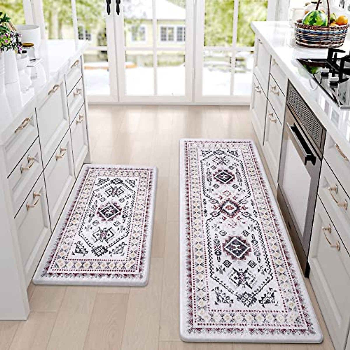 ASPMIZ Farmhouse Kitchen Mats for Floor 2 Piece, Vintage Non Slip Kitchen Rugs Washable, Anti Fatigue Kitchen Mat Set of 2 Waterproof, Comfort Standing Mat Runner, 18'' x 48'' + 18'' x 30'', Red