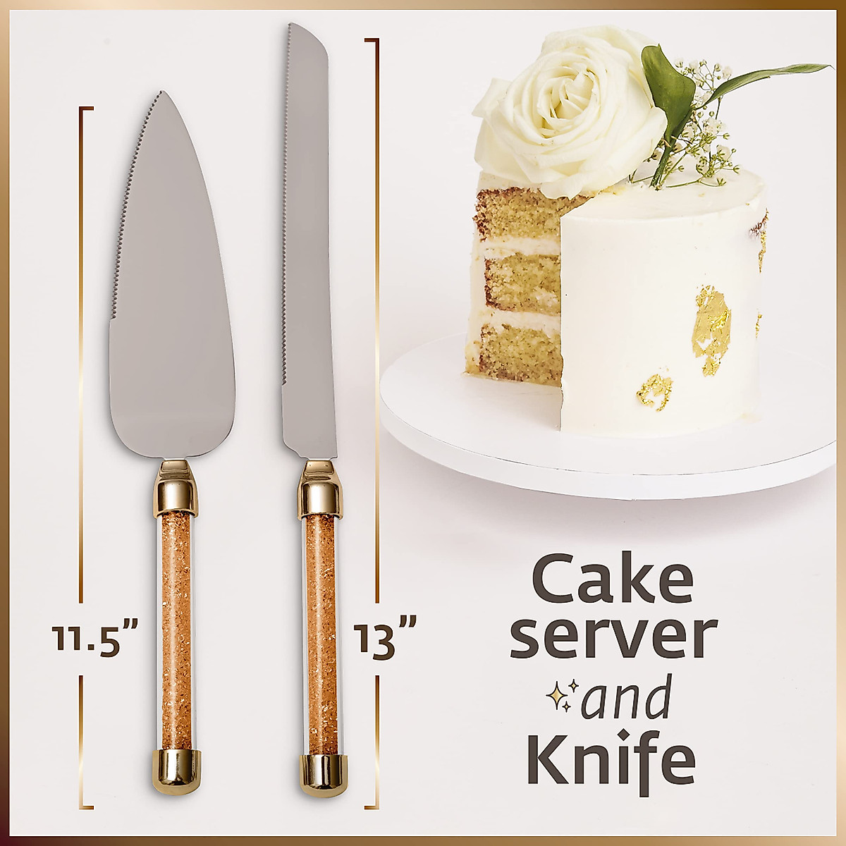 Cake Knife And Server Set With Gold Glittering Bead Handles - Packaged in a Gift box- Gift Idea For Weddings, Birthdays, Anniversaries
