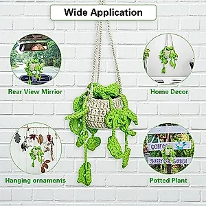 Crochet Hanging Plant for Car Cute Potted Plants Crochet Decor Car Mirror Hanging Accessories Rear View Ornament Hanging Boho Handmade Knitted Pendant (Light Green)