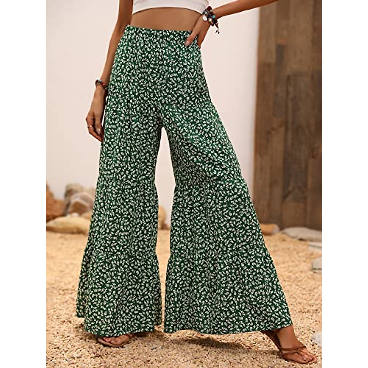 MakeMeChic Women's Floral High Waisted Ruffle Wide Leg Pants Boho Summer Beach Palazzo Pants Green L