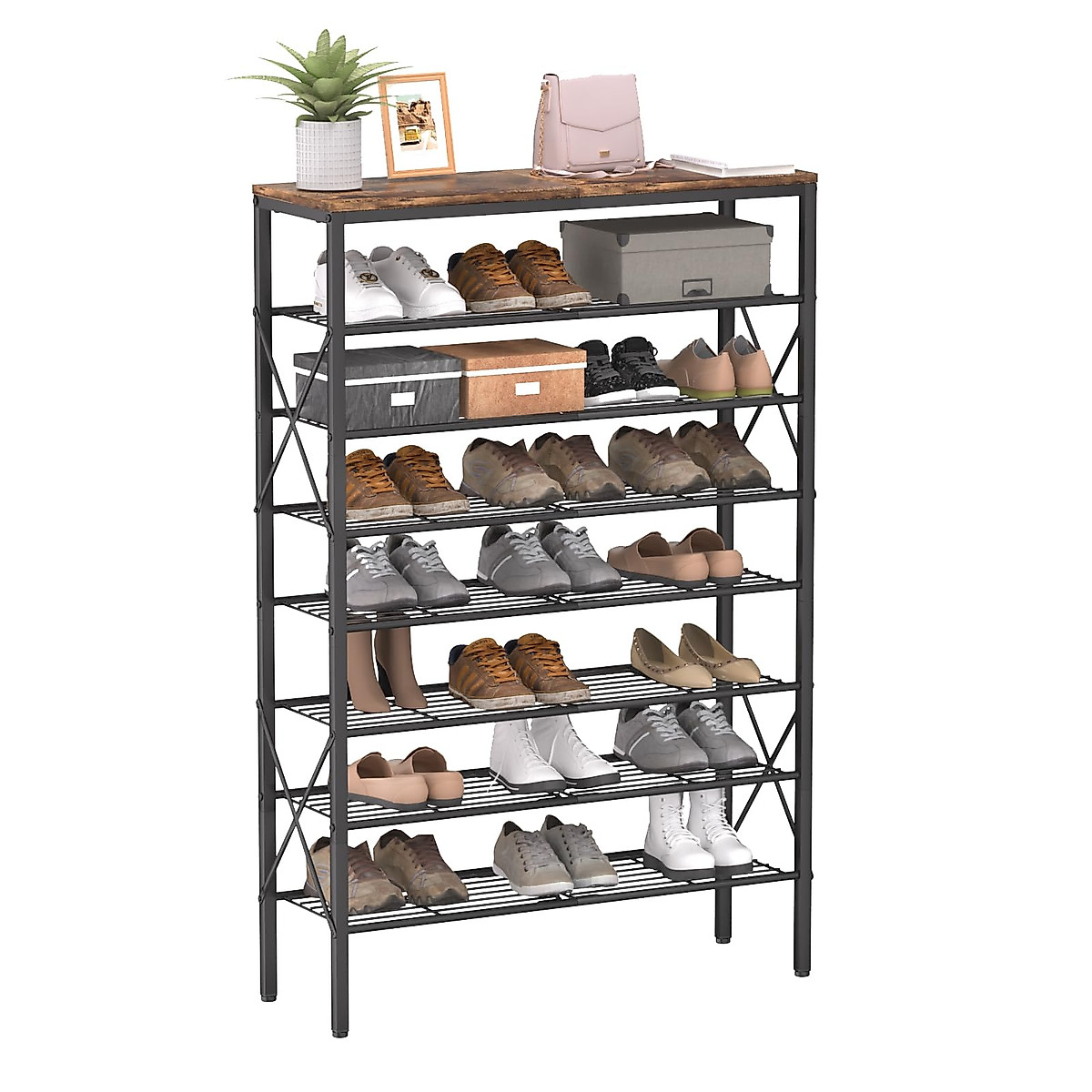 MILEFA 8 Tiers Shoe Storage Organizer, Large Capacity Shoe Shelf Holds 32 Pairs of Shoes, Durable and Stable, Adjustable Metal Shelf Stackable Shoe Shelf for Entryway, Hallway, Living Room, Closet
