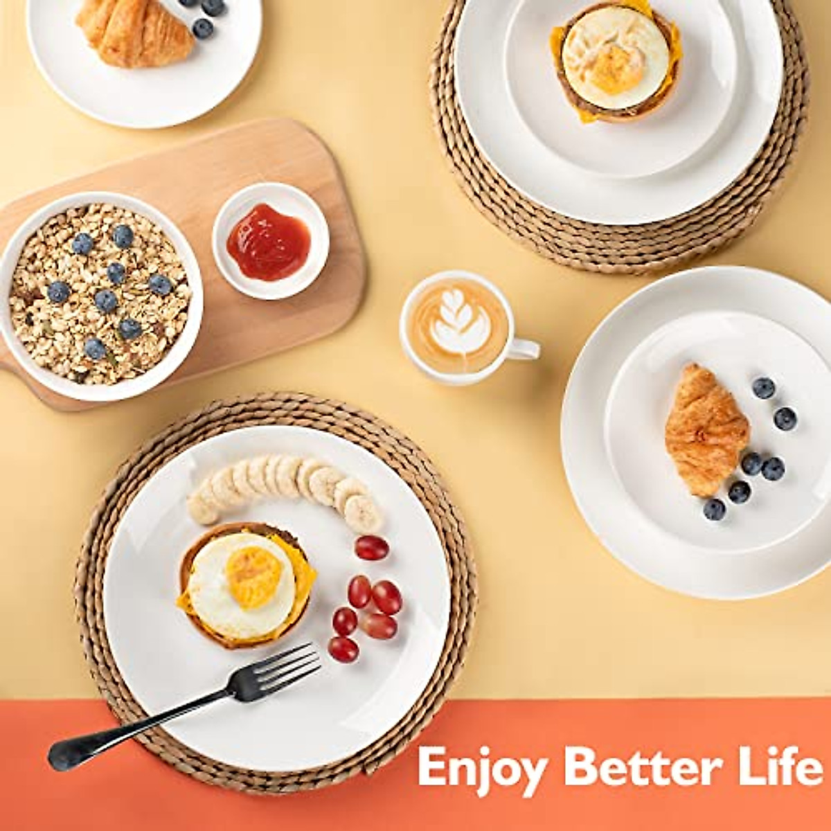 DELLING 10 inch White Dinner Plates Set, Porcelain Dessert/Salad Plate, Serving Dishes, Dinnerware Sets, Scratch Resistant, Lead-Free, Microwave, Oven, and Dishwasher Safe - Set of 4