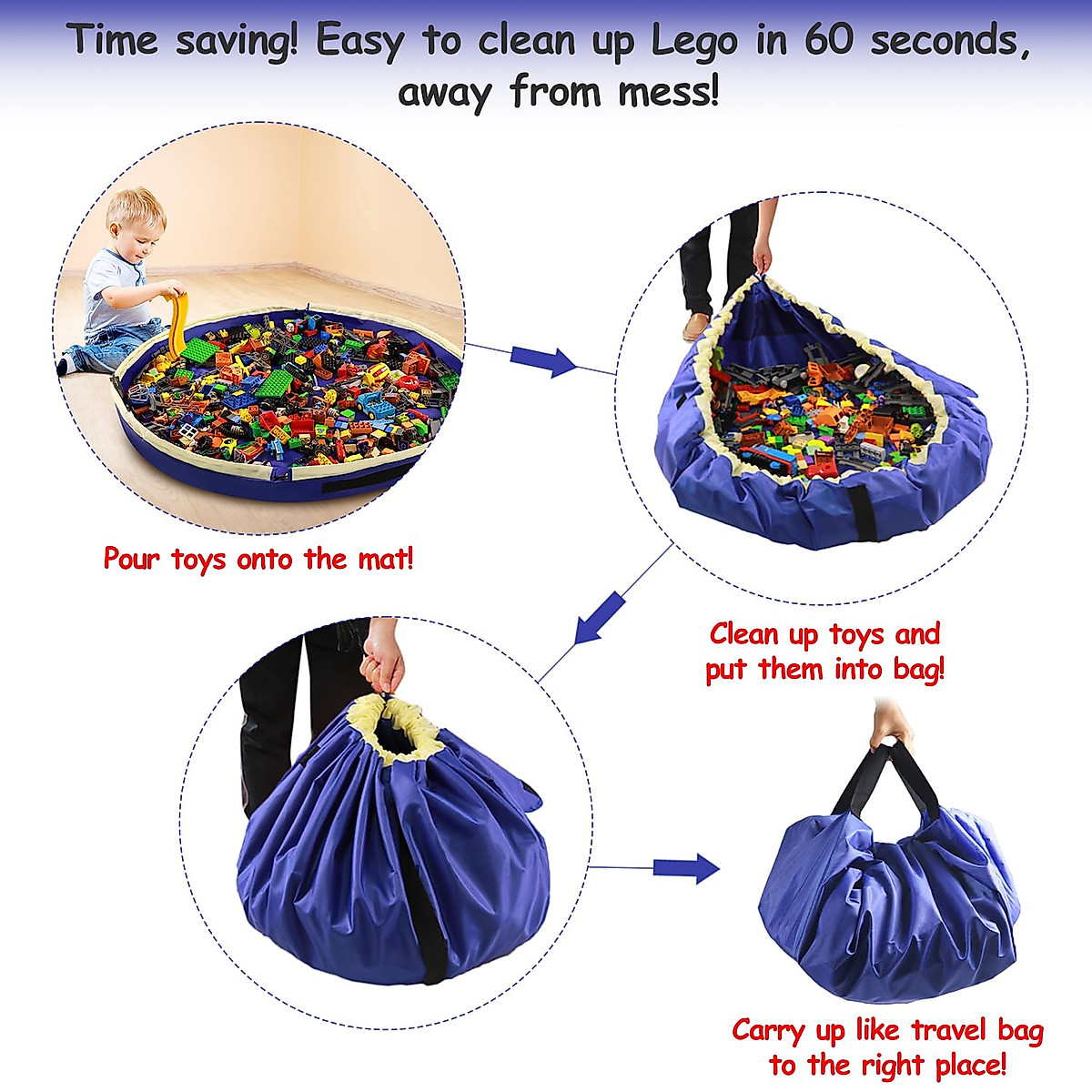 Toy Storage Mat Bag by Drawstring for Lego - Play Mat Bag Toy Storage Container for Kids with Cap can as Gift（ Blue 47inch ）
