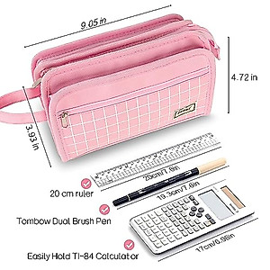 Sooez Large Pencil Case, Big Capacity Pencil Pouch Pen Bag with 3 Compartment, Portable Canvas Stationery Organizer with Zipper, Cute Aesthetic School Supplies For Teen Girls Boy College, Pink