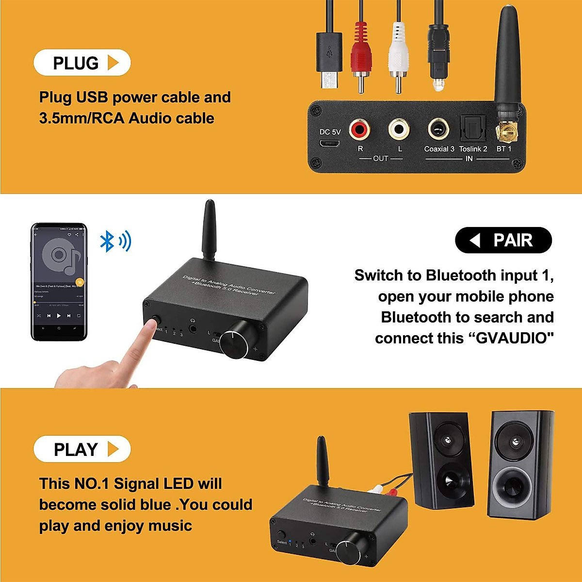 192kHz Digital to Analog Converter Bluetooth 5.0 Receiver DAC with 16-300Ω Headphone Amplifier Optical/Coaxial to RCA 3.5mm Audio Output with Volume Control for TV Phone Tablet (normal, basic)