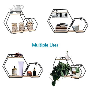 Houseables Hexagon Shelves, Wall Hanging, 16”x9”x4”, Small Wood, Black Iron, Metal Wire, Boho Geometric Honeycomb Shelf for Bathroom, Bedroom, Kitchen, Office, Storage, Plants, and Home Decor