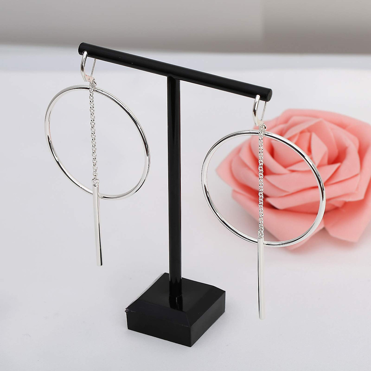 Silver Plated Dangle Hoop Earrings for Women, Cute Earrings with Dangly Bar Valentines Day Jewelry Gifts for Women Girls