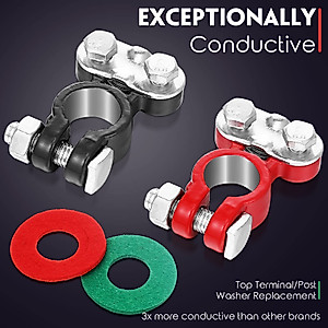 Tallew 4 Pieces Battery Terminals Connector 2 Packs Zinc Plated Car Battery Cable Terminal Connector Top Terminal 2 Pairs Anti Corrosion Terminal Washer Fiber (Black, Red)