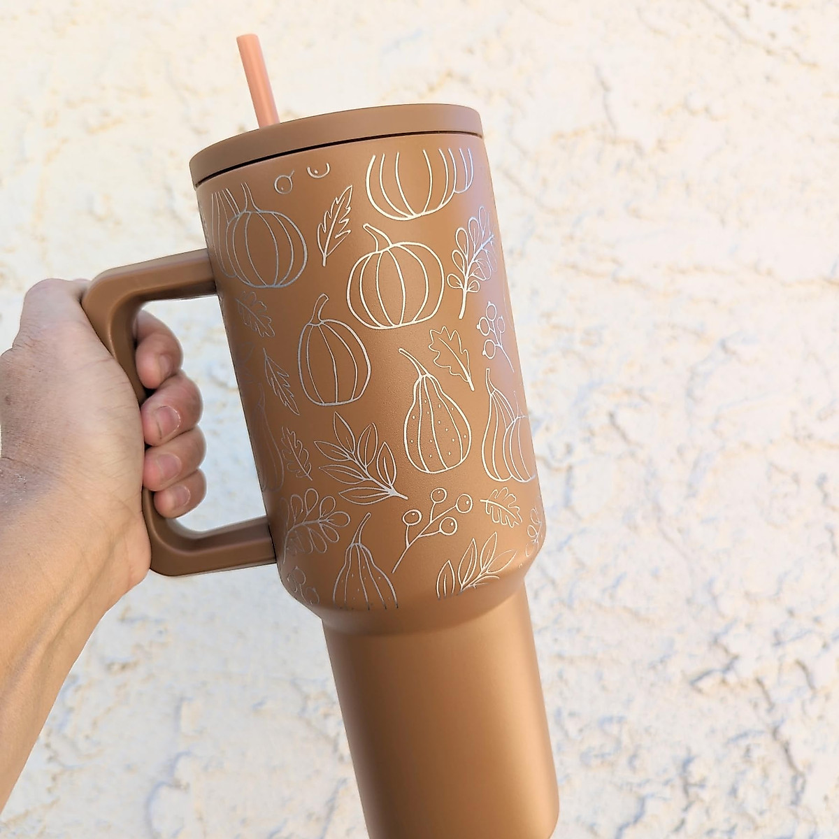 FTB Creative 40oz Custom Designed Wander Tumbler, Double Wall Stainless Steel, with Lid and Straw (Almond Butter, Oh My Gourd)