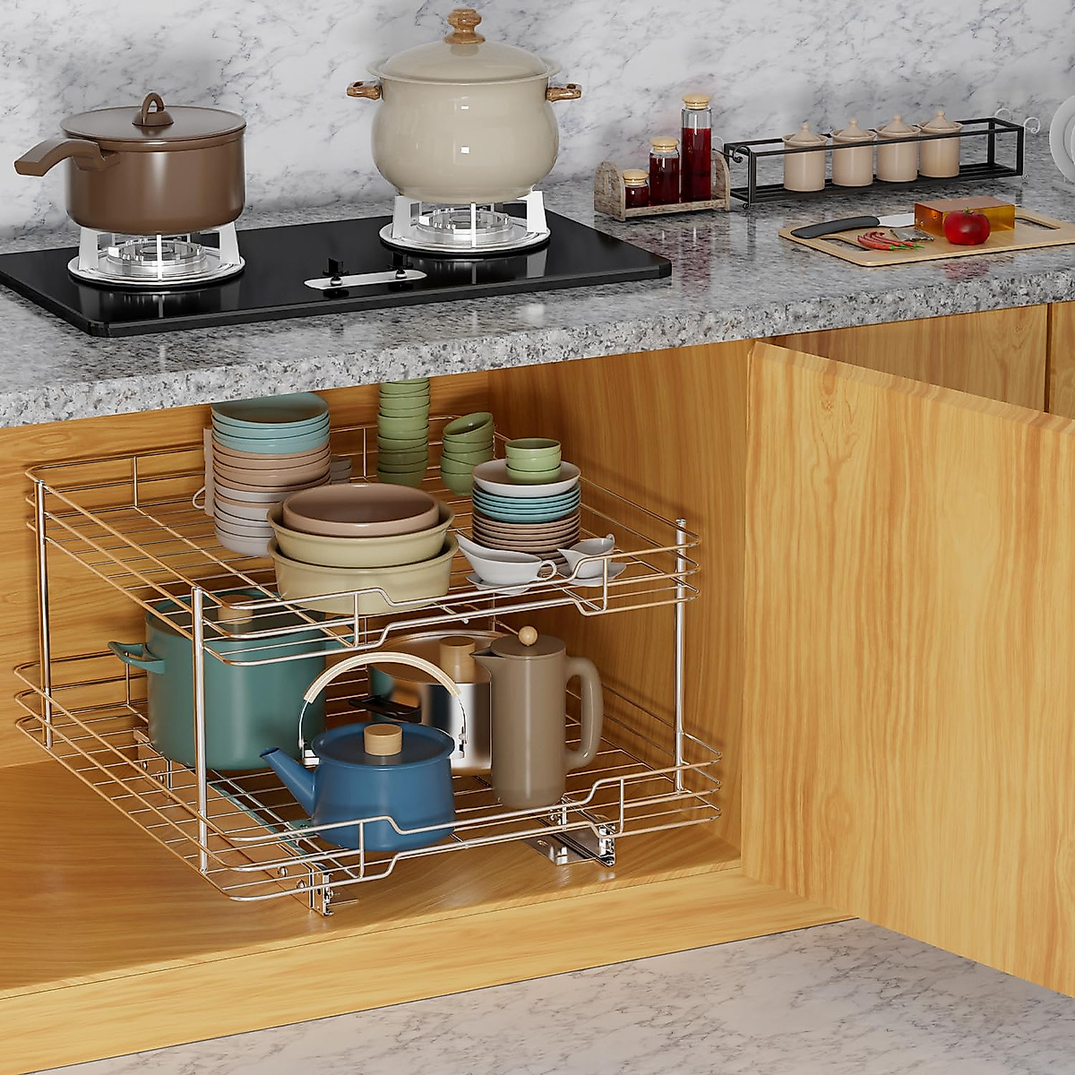 Lxmons 2 Tier Pull-out Cabinet Organizer, 20" W x 21" D Kitchen Under Sink Organizer, Slide Out Home Spice Rack Storage for Pots and Cans, Drawer Pantry Shelf Organization for Bathroom Base, Chrome