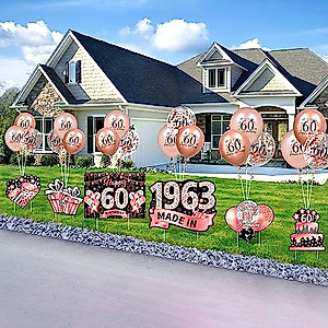 Rose Gold 60th Birthday Decorations for Women 6Pcs 60th Birthday Yard Signs Made in 1963 Lawn Sign & 18Pcs Rose Gold 60th Birthday Balloons for 60 Years Old Party Anniversary Outdoor Decor Supplies