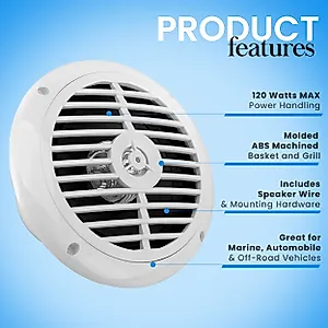 Pyle 6.5 Inch Dual Marine Speakers - 2 Way Waterproof and Weather Resistant Outdoor Audio Stereo Sound System with 120 Watt Power, Polypropylene Cone and Cloth Surround - 1 Pair - PLMR67W (White)