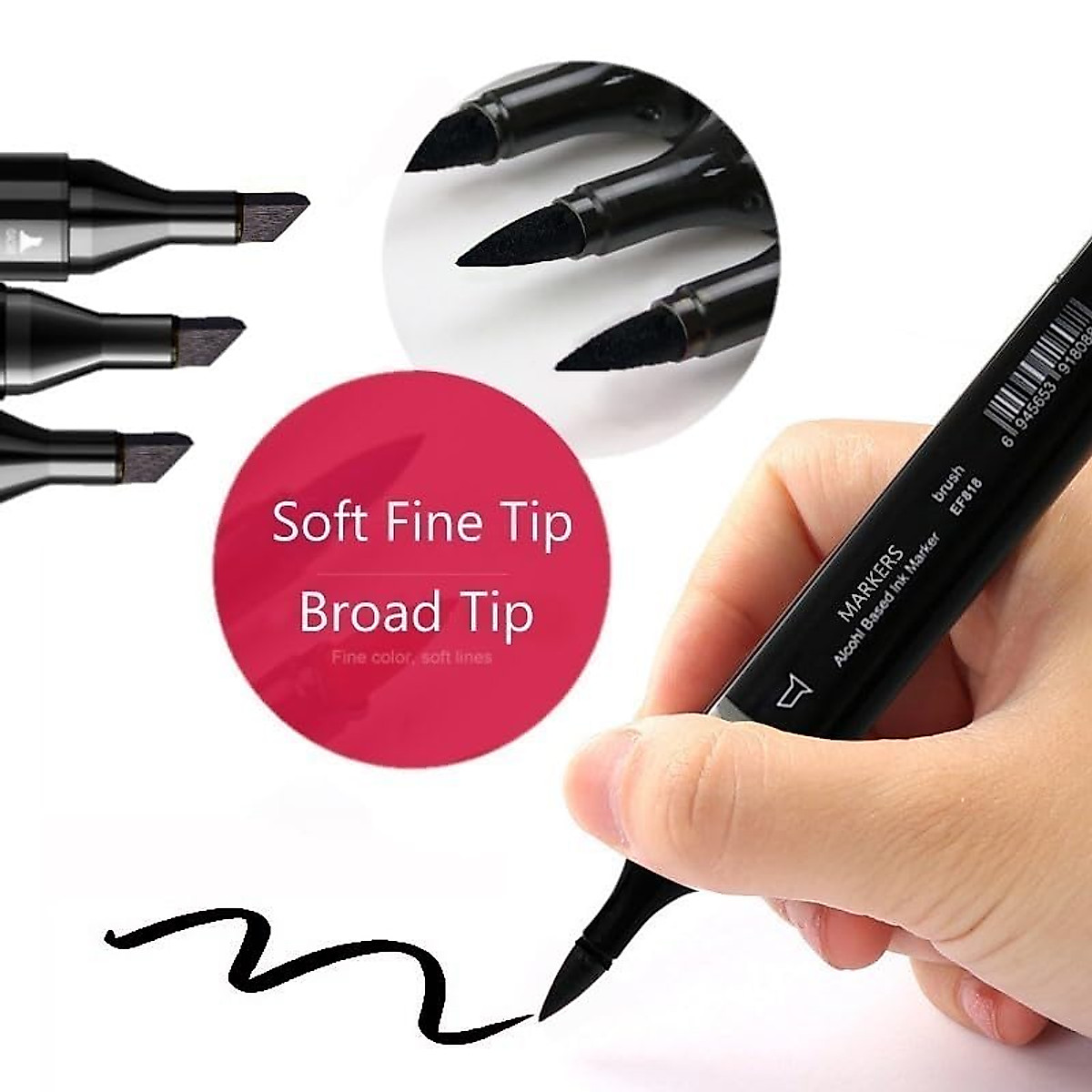 6 Pack Black Alcohol Markers, Double Tipped Soft Fine Tips and Brush Art Marker Set for Artist Adults Kids Coloring Sketching (Black)