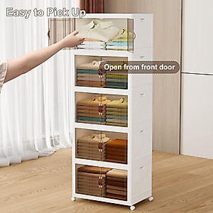 JOYMOOP Folding Storage Bins Organizer, 49.6 Quart Collapsible Storage Box with Wheels and Door, Stackble Plastic Storage Container for Clothing, Books and Sundries (XL-12.4Gal-5Tiers, White)