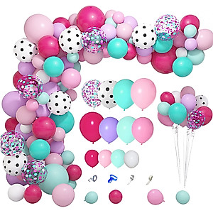 Amandir 152pcs Surprise Party Balloons Garland Arch Kit, Rose Red Aqua Blue White Polka Dots Confetti Latex Balloon for Spa Girls Surprise Birthday Baby Shower Decorations Supplies & 4 Balloon Tools