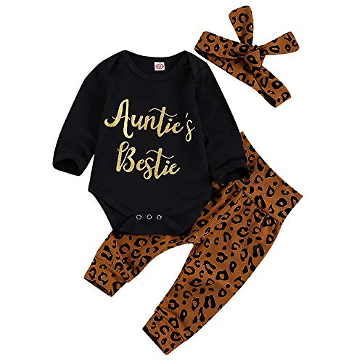 MAINESAKA Newborn Baby Girls 3pcs Outfit Set Auntie's Bestie Romper + Floral Pants Clothing Set(black + leopard 1,6-9 Months)