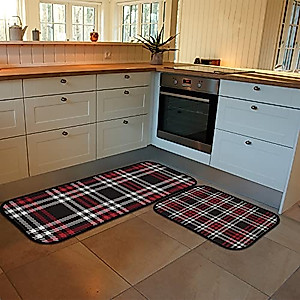 Vantaso Kitchen Floor Mat Rug Red Plaid Checkered Tartan Set of 2 Cushioned Non-Slip Comfort Runner Rugs