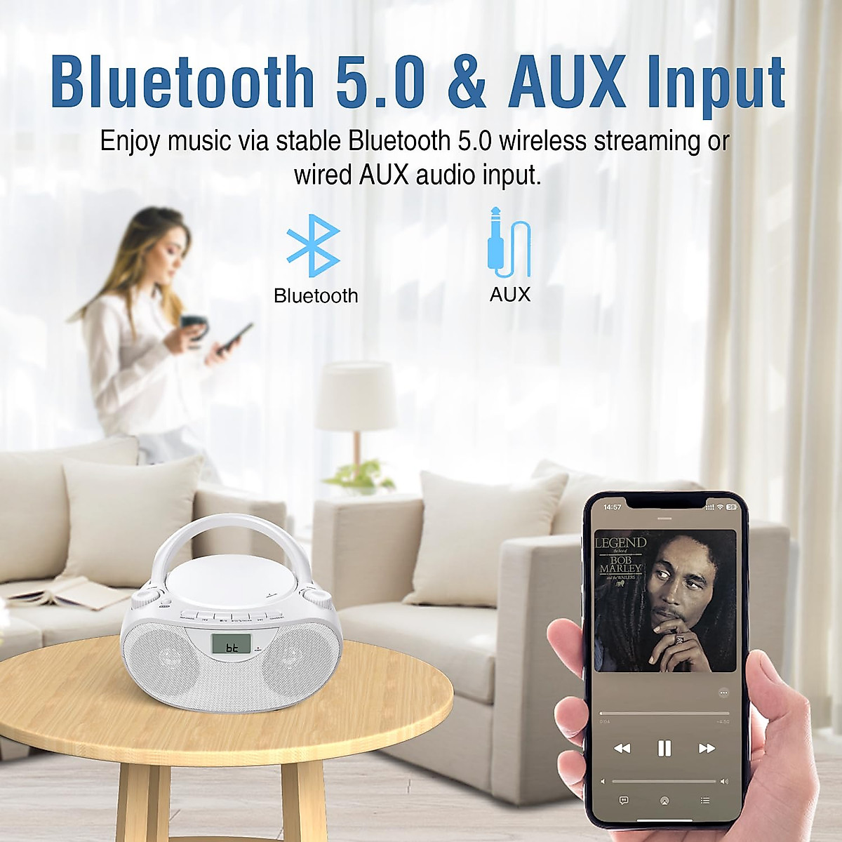 Nextron Portable Stereo CD Player Boombox with AM/FM Radio, Bluetooth, USB, AUX-in, Headphone Jack, CD-R/RW and MP3 CDs Compatible, Clear and Full Sound with Bass Boost, AC/Battery Operated – White