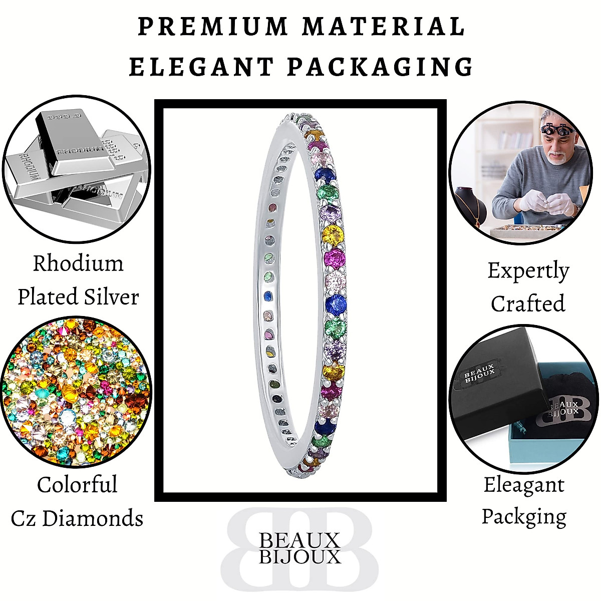Beaux Bijoux CZ Simulated Rainbow Diamond Eternity Ring for Women | Sterling Silver Band Ring | Cubic Zirconia Created Gemstone Ring | Fine Thin Stacking Ring