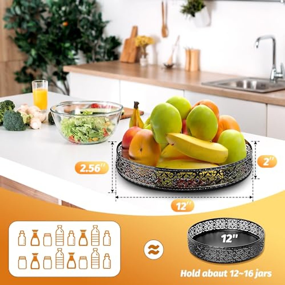 Black Lazy Susan Turntable for Table, Lazy Susan Organizer for Cabinet, Lazy Susan Spice Rack, Lazy Susan for Dining Table, Countertop, Cabinet, Makeup, Bathroom, Pantry (12IN-Branch-Black)