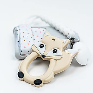 Kids Heroes Fox Teething Toy and Mitten Teether to Soothe Baby Boy Sore Gums, Teething Pacifier Clip, Grey