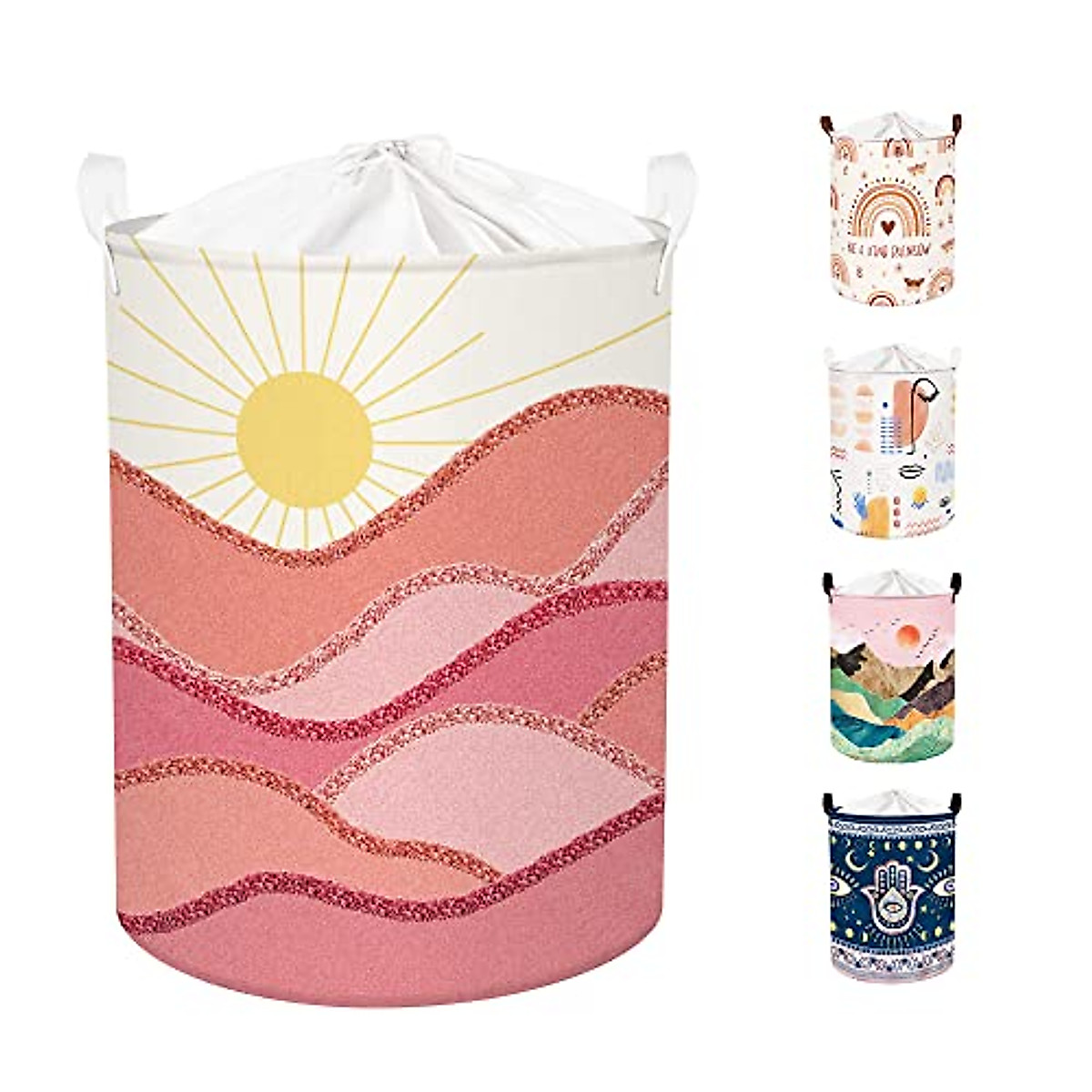 Clastyle 45L Boho Laundry Baskets for Clothes Collapsible Pink Sun Laundry Hamper with Drawstring Waterproof Beach Towel Storage Basket for Pool, 14.2 * 17.7 in