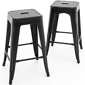 Vogue Furniture Direct 24 Inch Metal Bar Stools, Backless Counter Height Barstools, Indoor Outdoor Stackable Stools with Square Seat, Set of 2 (Distressed Black)