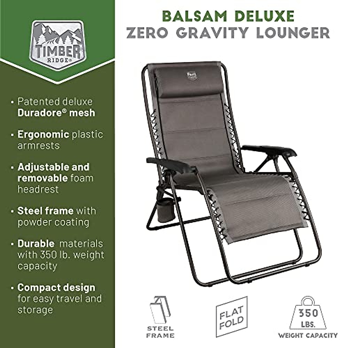 Timber Ridge Balsam Deluxe Zero Gravity Lounger Oversize Outdoor Recliner Chair, Grey
