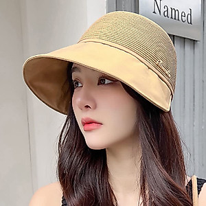 Women's Large Brim Sunscreen Hat for Beach Outing in Summer, Hats for Women UPF 50+ UV Sun Protective Beach Visor Hat (Khaki)