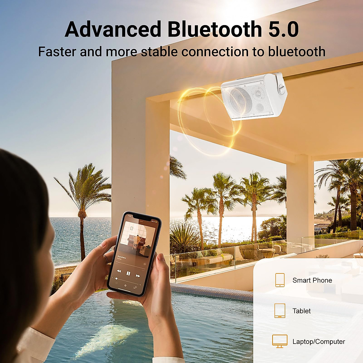 STUDIOFINIX 6.5 Inches Indoor Outdoor Bluetooth Speakers Waterproof Wired Wall Mount Active Speakers 400 Watt for Patio Garage,Deck,Backyard (White)