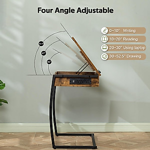 Hadulcet C Table End Table with Charging Station, TV Tray Table, Couch Tables That Slide Under, C Shaped Side Table with Storage, Laptop Stand for Couch, Small Table Couch Desk for Small Spaces