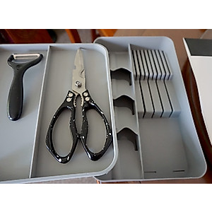 Toosbuc Kitchen Utensil Drawer Organizer 2-Tier Tray knife holder drawer & Silverware Flatware Cutlery Organizer Tray (Stackable-grey)