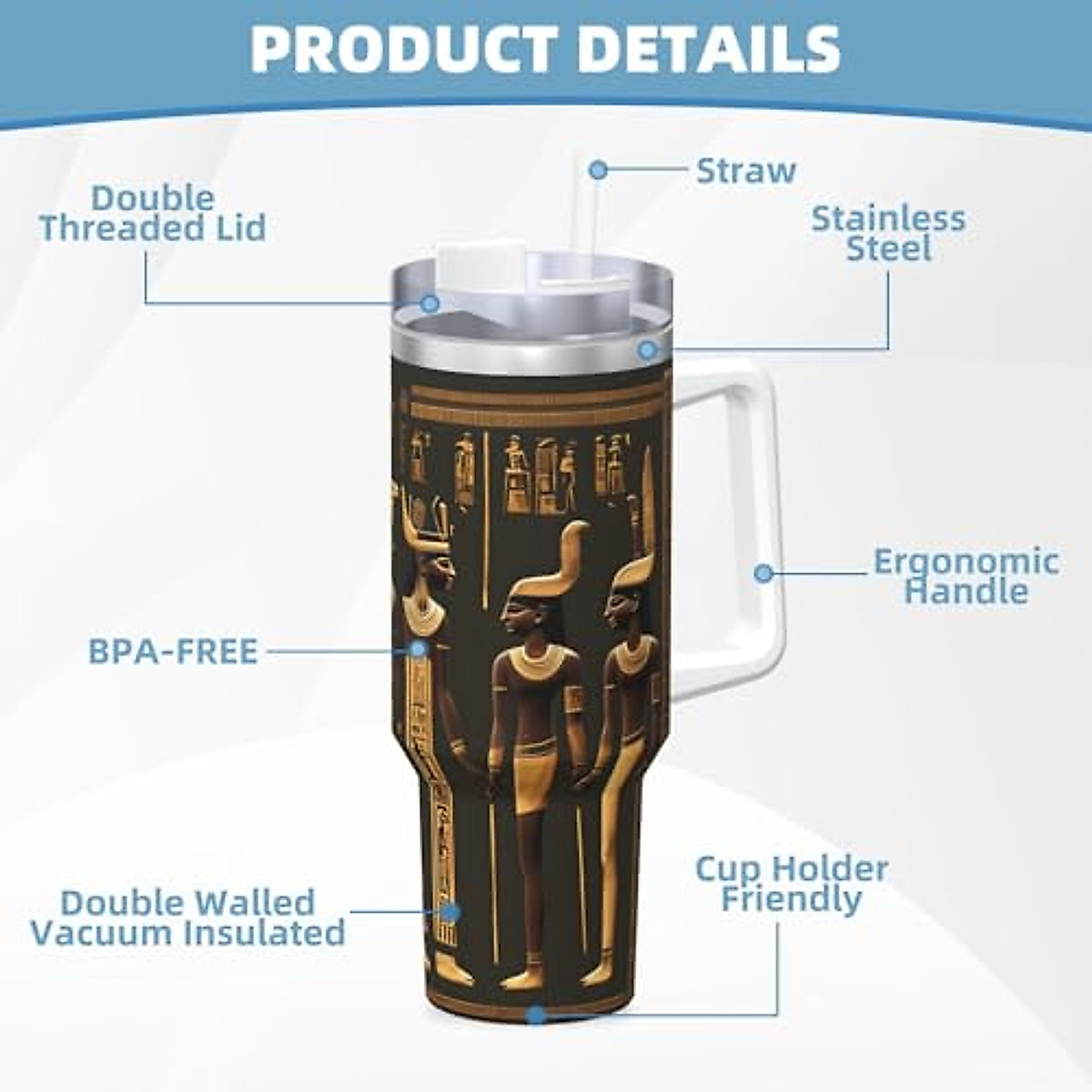 HULIBIN Ancient Egyptian Hieroglyph Print Double Deck Stainless Steel Travel Coffee Cup With Lid 40 Oz Ice Bully Cup