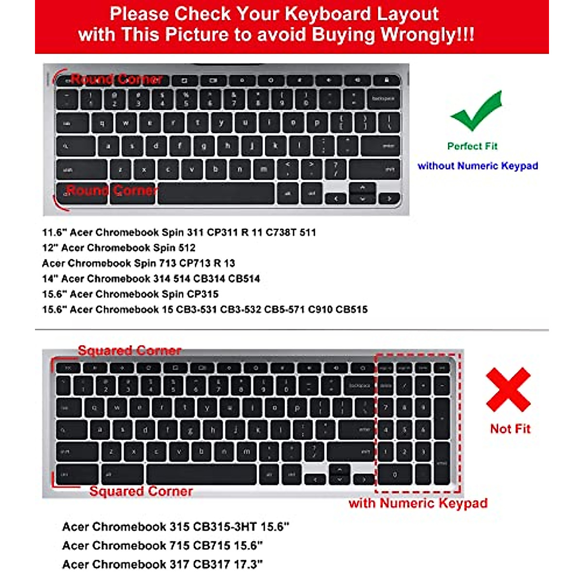 2Pack Keyboard Cover Skin for Acer Chromebook Spin 311 CP311 C738T C733 CP511 512, Chromebook 713 CP713 R13, Chromebook 314 514 714 CB314 CB514 CB714, Acer Chromebook 15.6" Protector-GPurplePink+Clear