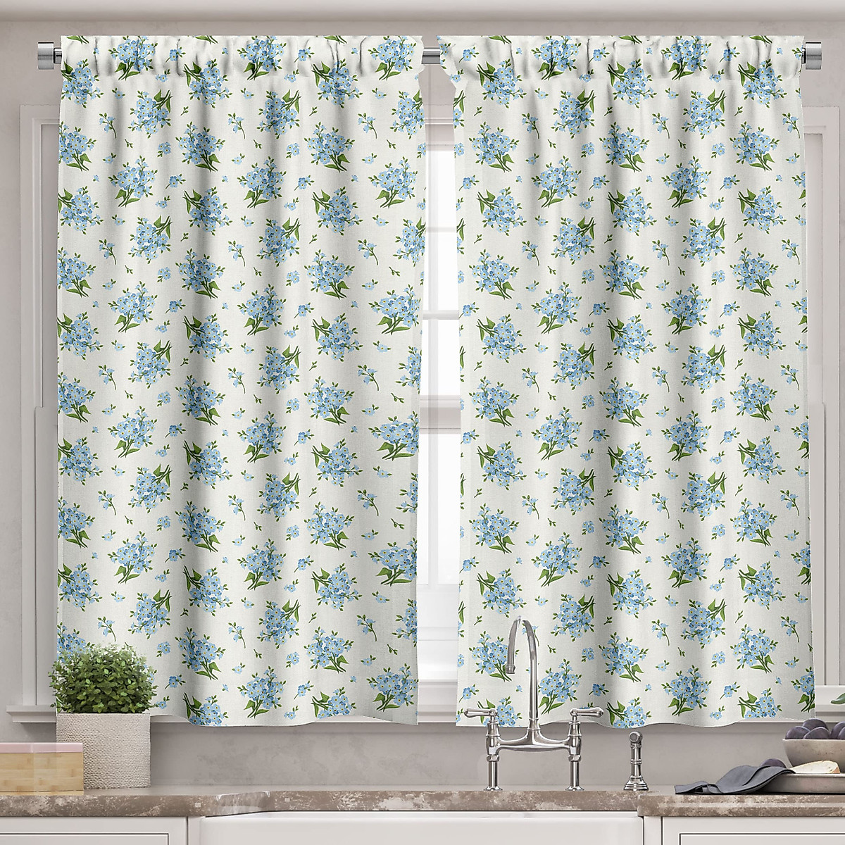 Ambesonne Ivory and Blue Valance & Tier Curtain 3 pcs Set, Forget-me-not Flowers Pattern Fresh Foliage on Ivory Backdrop, Window Treatments for Room Kitchen Decor, 55" x 24", Pale Blue Ivory and Green