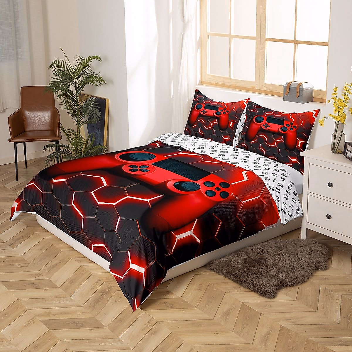 Erosebridal Full Size Boys Gamepad Comforter Cover,Modern Fashion Red Gaming Controller Printed Duvet Cover,Gamer Video Games Decorative 3 Piece Bedding Set with 2 Pillow Cases,Black