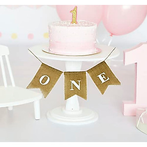 Shimmer Anna Shine Happy Birthday Burlap Banner, Hearts Burlap Banner and First Birthday ONE High Chair Banner for Baby Boy and Girl Cake Decor for Birthday Party Decorations (White Print)