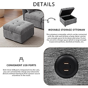 P PURLOVE Modern Sectional Sofa with Convertible Ottoman, Chenille 4-Seat L-Shape Couch with Pillows for Living Room, Apartment, Office, 3 USB Ports (Grey)