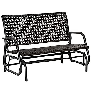Outsunny 2-Person Outdoor Wicker Glider Bench, Patio Garden PE Rattan Swing Loveseat Chair with Extra Wide Seat and Curved Backrest for Porch, Backyard, Poolside, or Lawn, Dark Grey