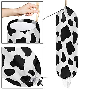 Cow Print Plastic Bag Holder, Animal Cow Print Wall Mount Plastic Bag Organizer with Drawstring Grocery Shopping Bags Storage Dispenser for Home Kitchen Farmhouse Decor, 22X9 Inch