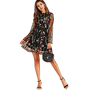 Milumia Women's Floral Embroidery Mesh Round Neck Tunic Party Dress Black Small
