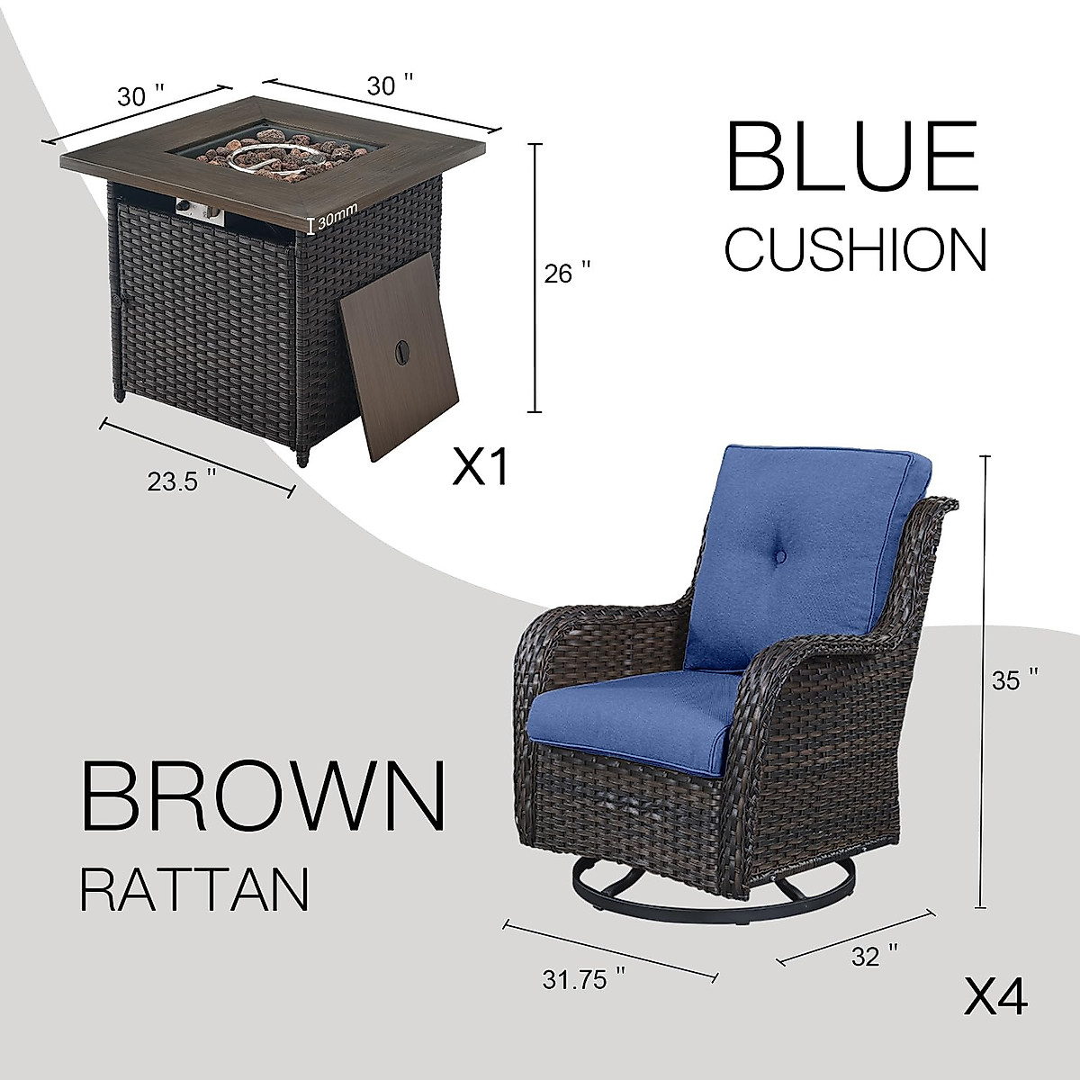 Wicker Patio Furniture Set- 4 Pieces Outdoor Swivel Rocker Chairs with 50,000 BTU Fire Pit Table,PE Rattan Outdoor Conversation Set for Garden Porch Deck