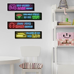 4 Pcs Printed Neon Gaming Posters, Boys Room Decorations for Bedroom, gamer wall art,Gamer, Teen boy bedroom,Neon Gaming Decor for Boys Room Wooden