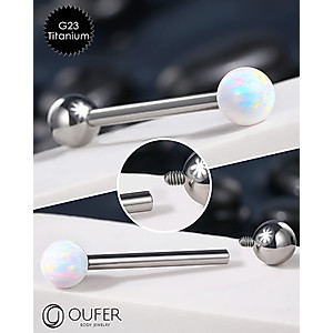 OUFER Titanium Tongue Rings, White Opal Tongue Ring, Internally Threaded Tongue Piercing Jewelry, Straight Tongue Jewelry for Women Men