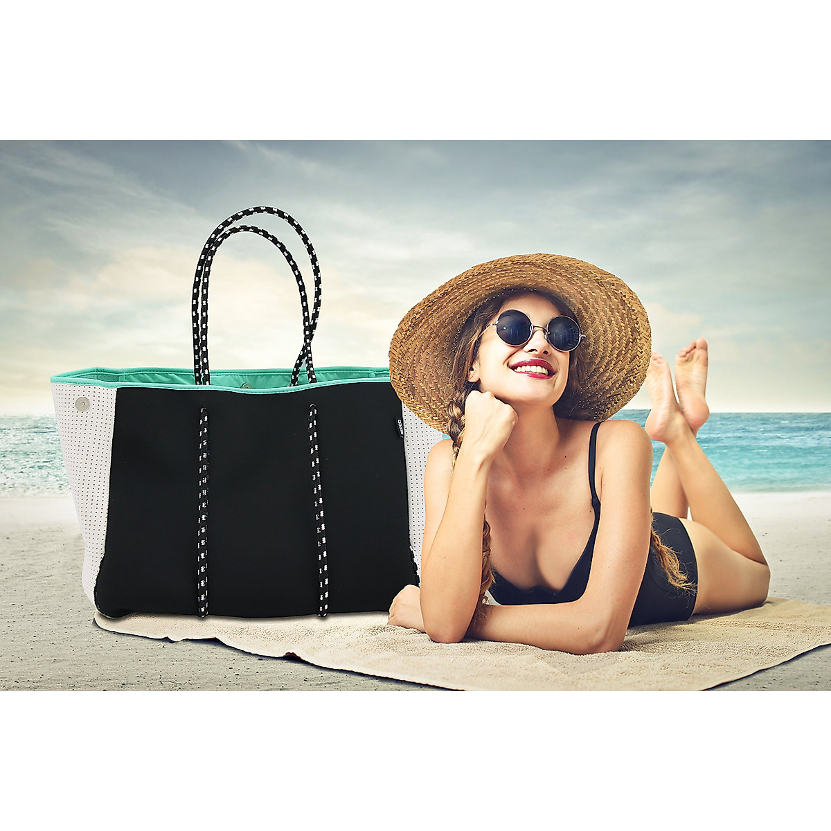 QOGiR Neoprene Multipurpose Beach Bag Tote with Inner Zipper Pocket (Black, X-Large) …