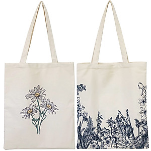 GRHOSE 2 PCS Floral Tote Bag Aesthetic Flowers Botanical Shopping Bag Beautiful Flowers Reusable Grocery Bag for Women