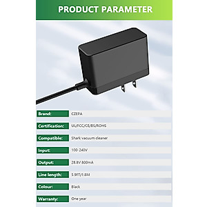 Czepa AC Power Cord Compatible with Cordless Shark Vacuum Charger IR101 ION F80 X40 IR100 IR200 IR141 XBAT200, Replacement Part Namber YLS0243A-T288080 28.8V Vacmop Adapter Charger