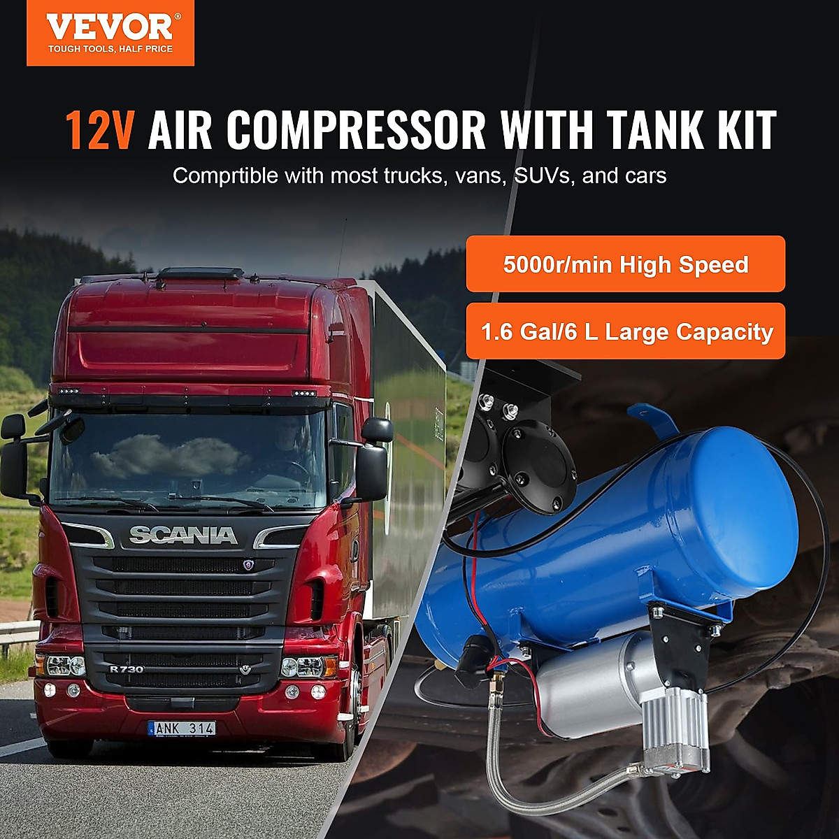 VEVOR 12V Air Compressor with Tank 1.6 Gallon/6 L, Train Horn Air Compressor, 120 psi Working Pressure Onboard Air Compressor System for Train Air Horns, Inflating Tires, Air Mattresses