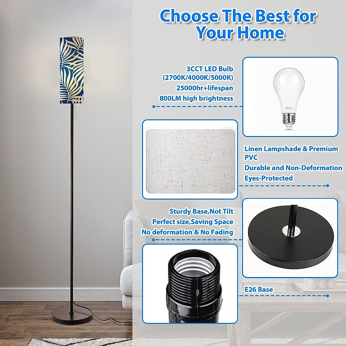 Modern Standing Lamps repeating pattern silhouettes palm tree leaves blue Minimalist Floor Lamp Metal Pole Lamp with Linen Lampshade for Bedroom Living Room Office Nursery Reading Foot Switch