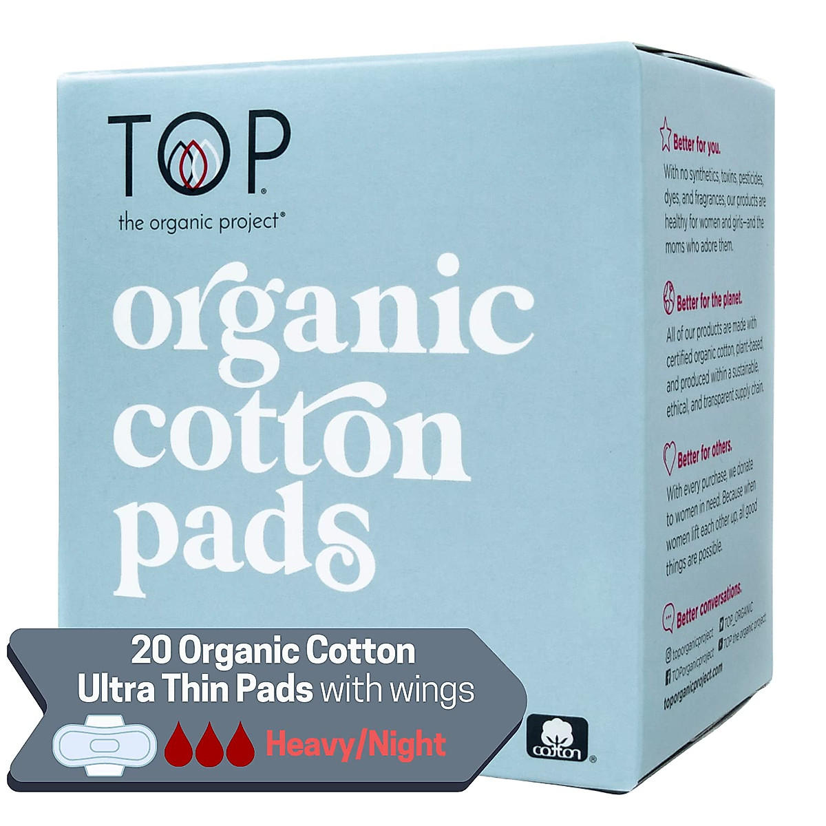 TOP the organic project: Ultra Thin Super (Night) Absorbent Pads w/Wings - Certified 100% Organic Cotton | Non-Toxic, Biodegradable (Natural Sanitary Napkin, Breathable, Unscented), 20 Ct